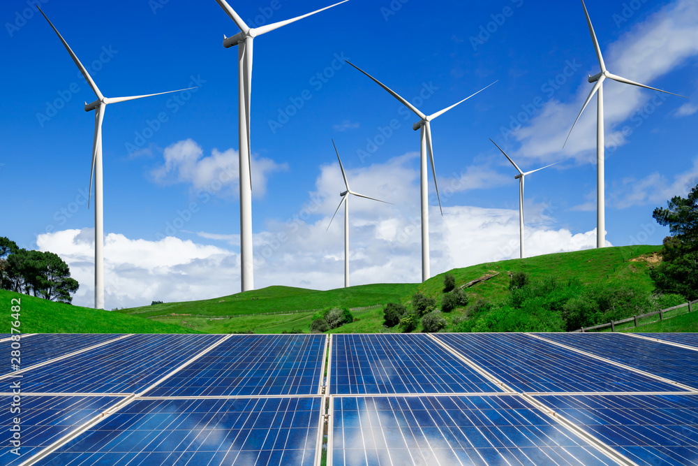 Solar energy panel photovoltaic cell and wind turbine farm power ...