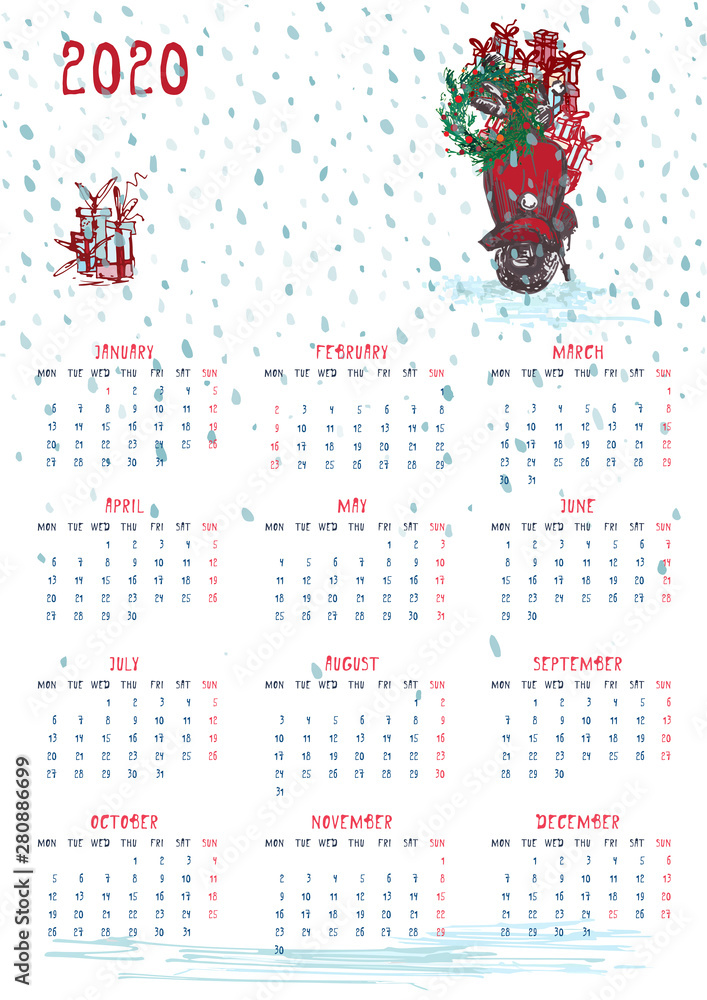 2020 Calendar planner whith red christmas truck, new year tree and ...