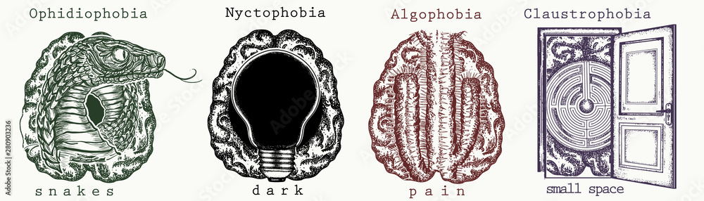 Psychology collection. Fear of snakes (ophidiophobia), dark ...