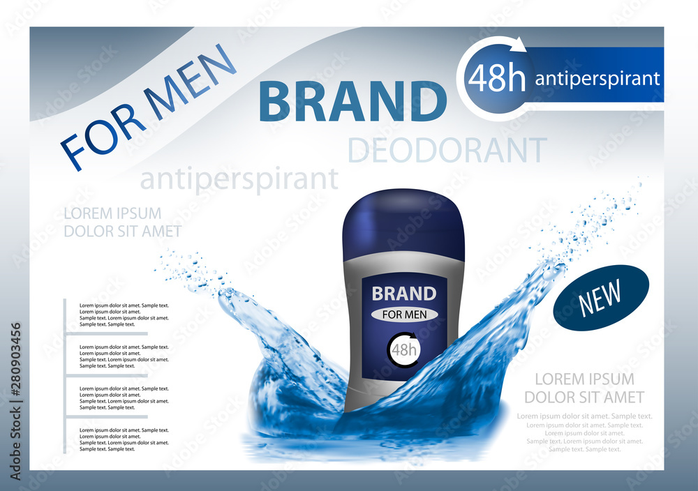 Long-lasting deodorant antiperspirant for men with water splash. 3d ...