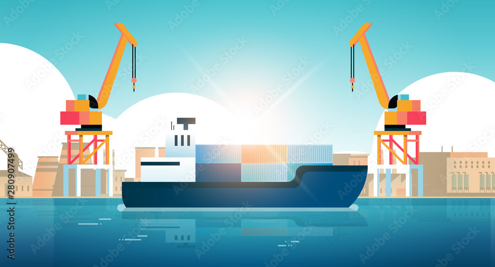cranes in port loading containers on ship cargo industrial seaport sea ...