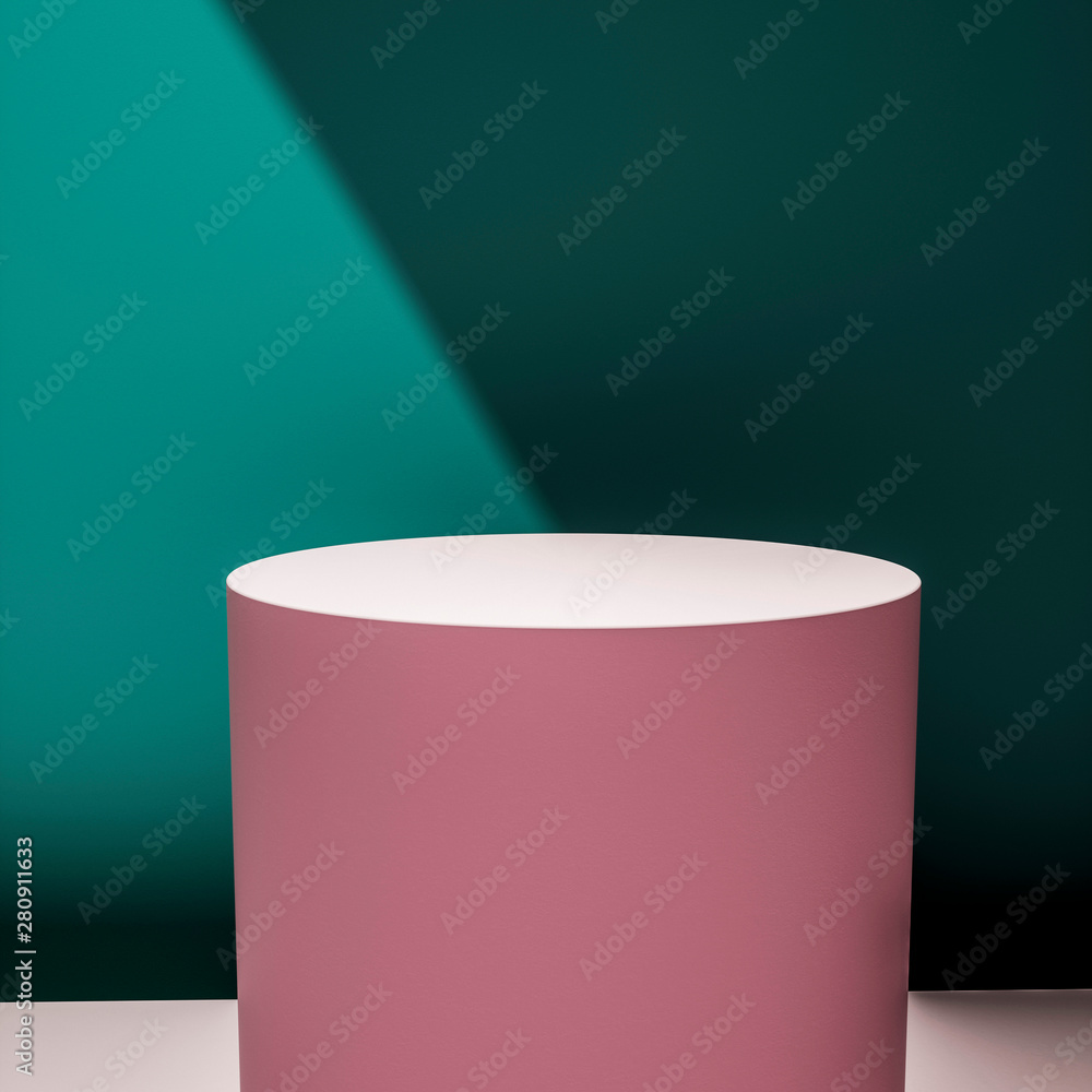 Pink circular display plinth against a green wall Stock Photo | Adobe Stock