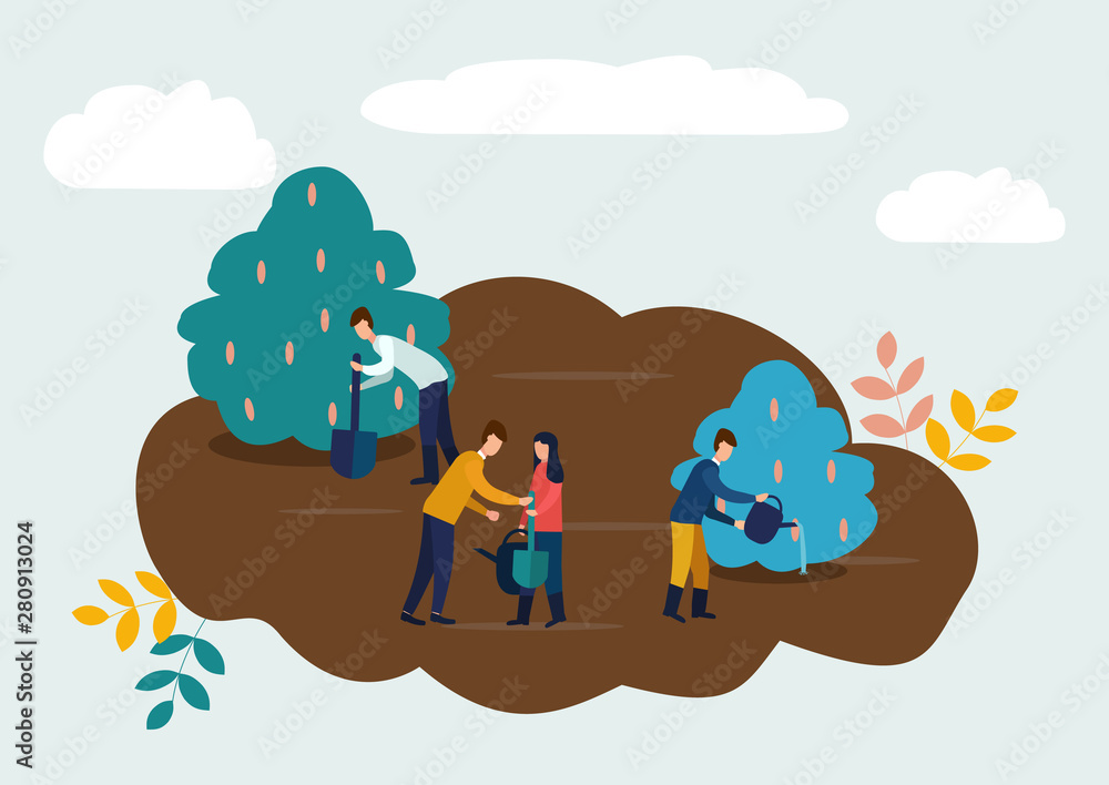 Agricultural work, people plant crops, water the crops, care for plants ...