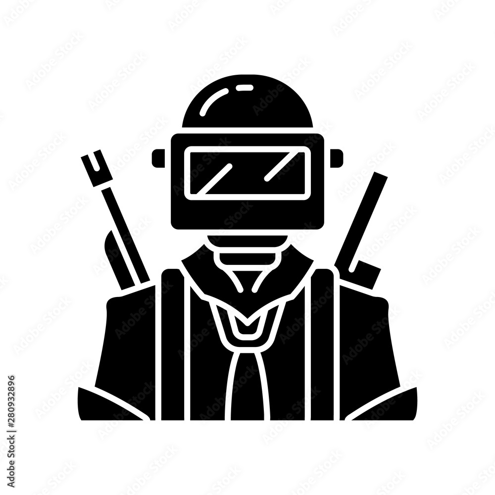 Game soldier glyph icon. Player with weapon in safety gear. Game ...