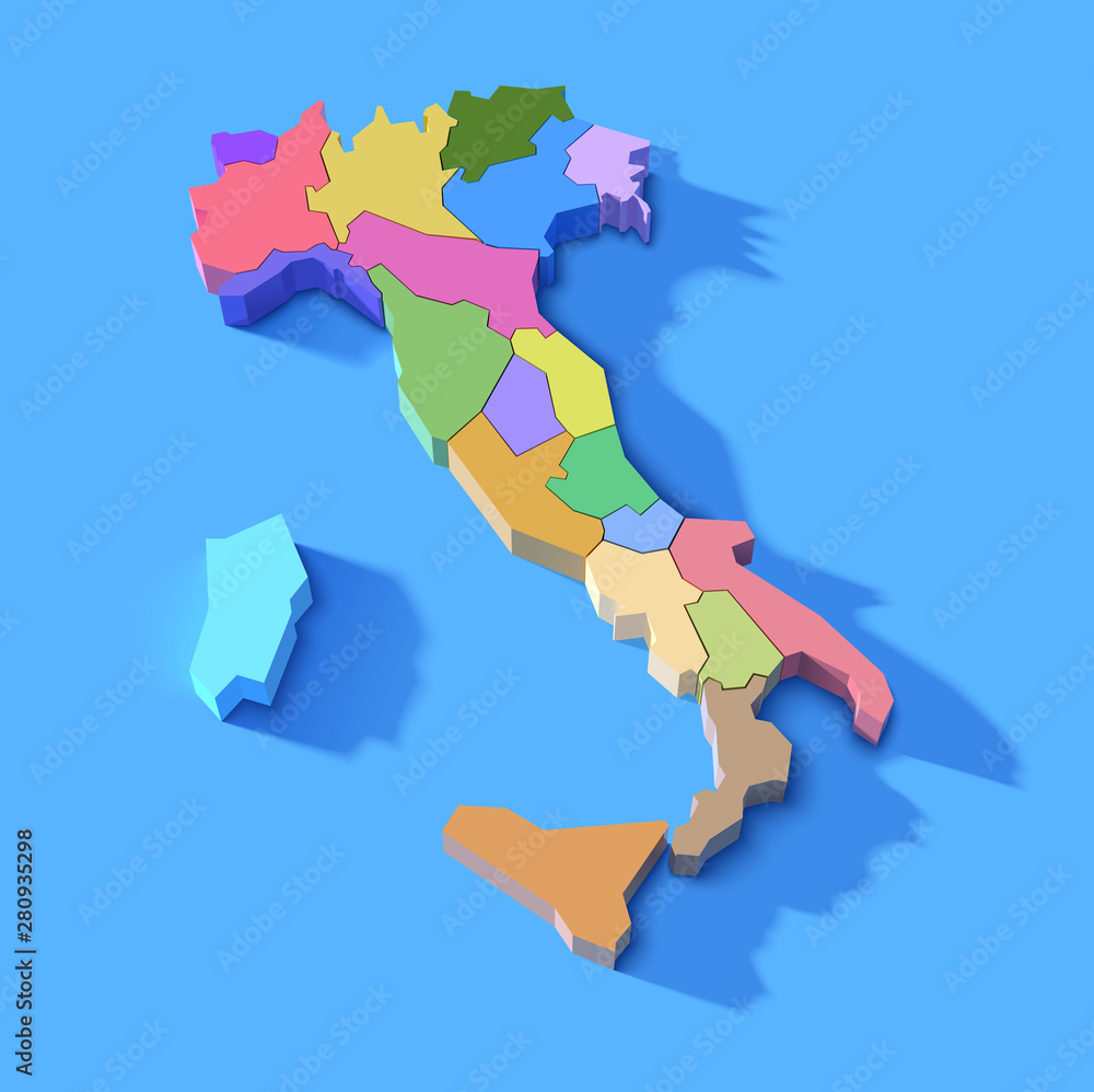 simplified three dimensional Italy map with regions, vector ...