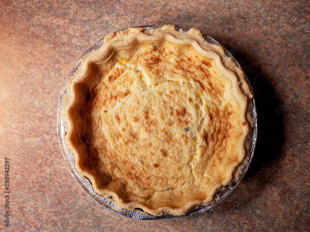 Quiche lorraine close up. French style pastry food. Top view. Stock ...