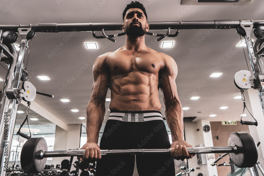 Handsome Muscular Male Model With Perfect Body Doing Biceps Exercise ...