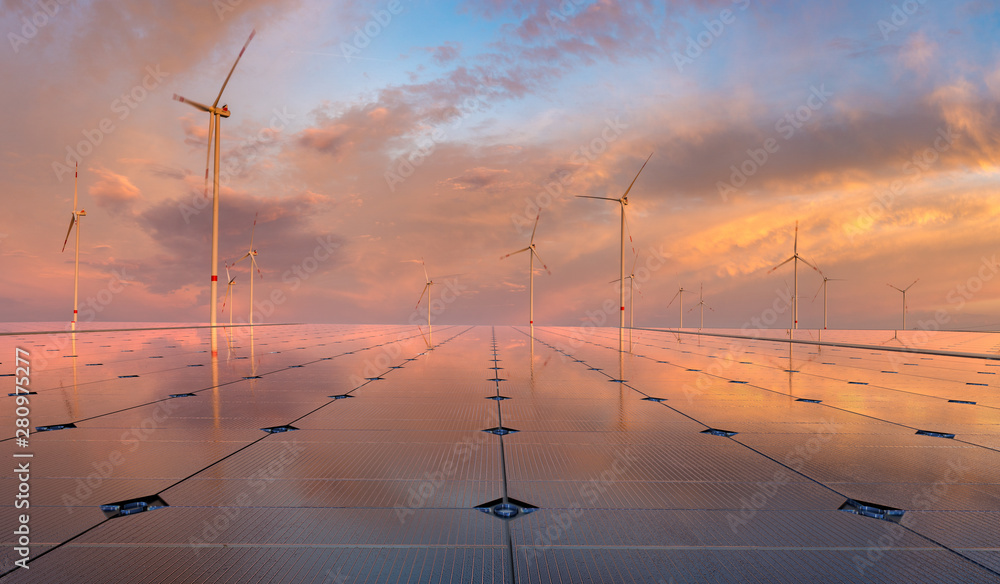 clean energy concept, photovoltaic panels and wind turbines Stock Photo ...