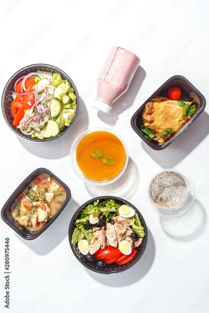 Variety of clean dieting foods in plastic package , top view. Healthy ...