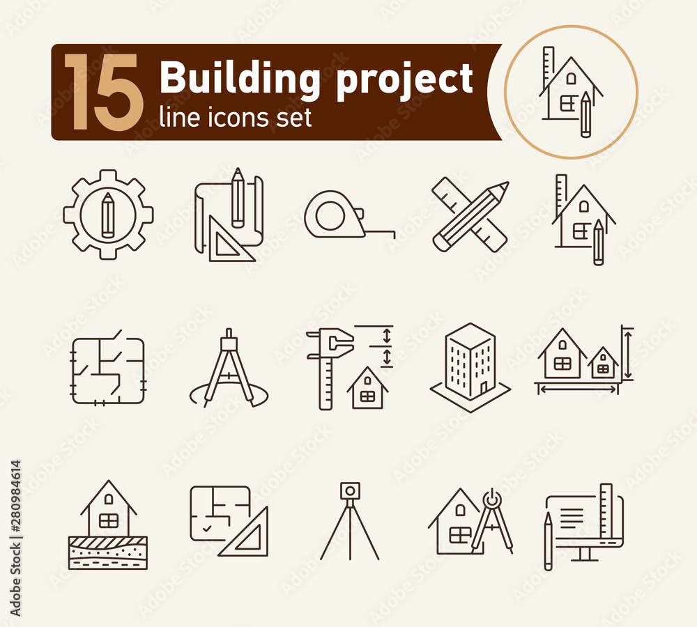 Building project line icon set. Floor plan, layout, compass, ruler ...