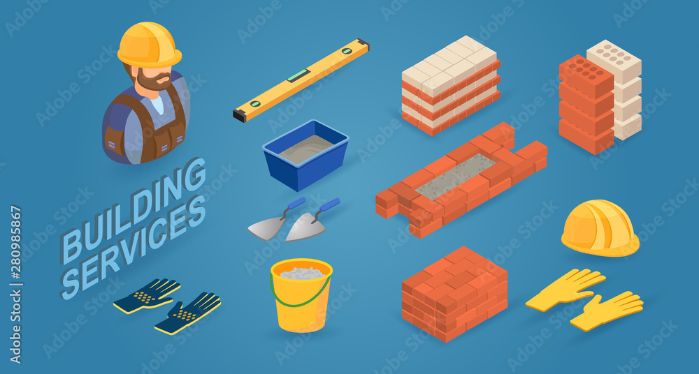 Building service. Worker, tools and elements of brick wall. Vector ...