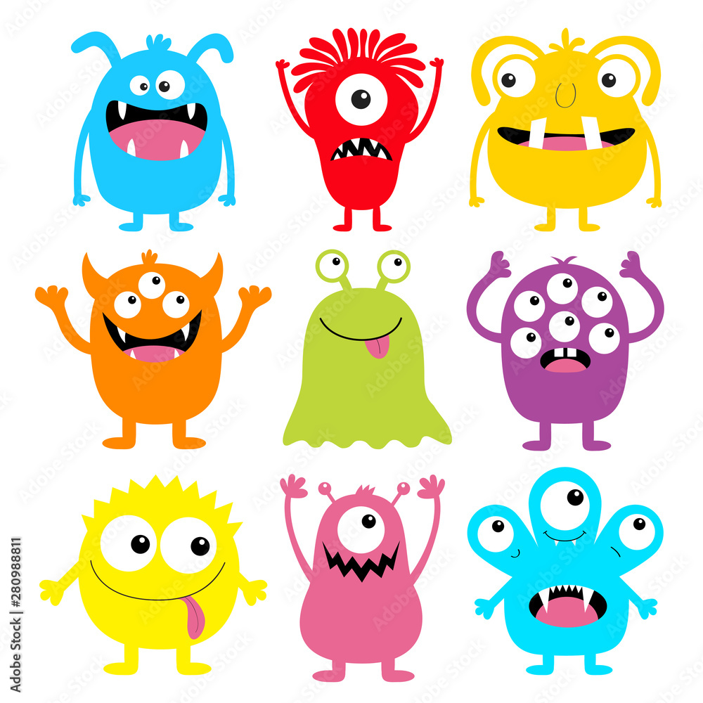 Monster colorful round silhouette icon set. Eyes, tongue, tooth fang ...