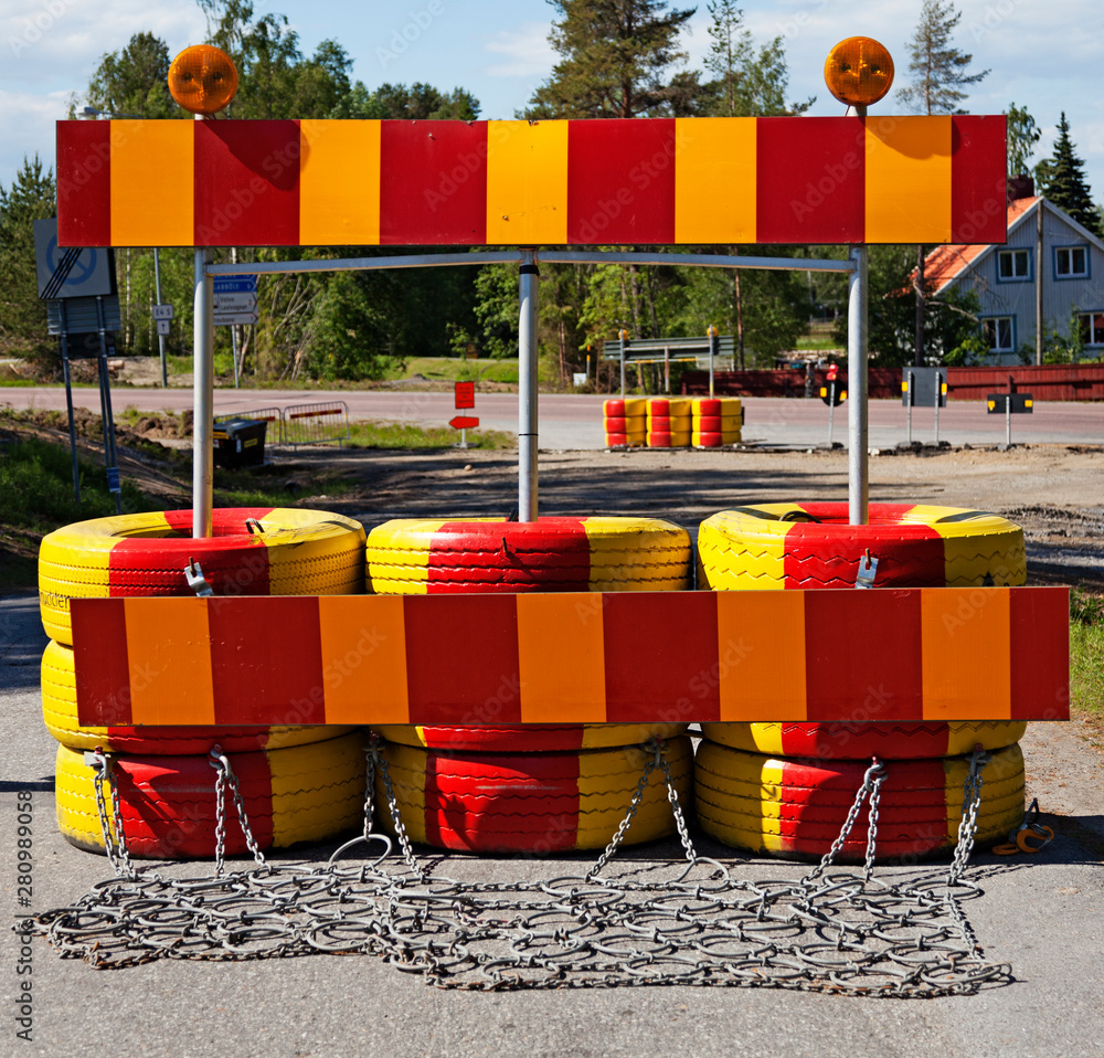 warning sign and stop at road construction Stock Photo | Adobe Stock
