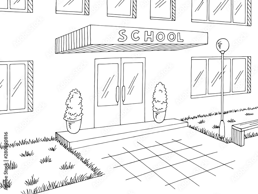 School Building Black And White Drawing