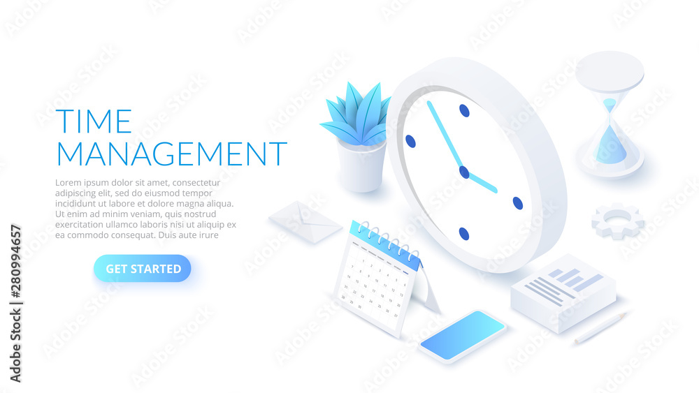 Isometric time management banner with character and text place. Job ...