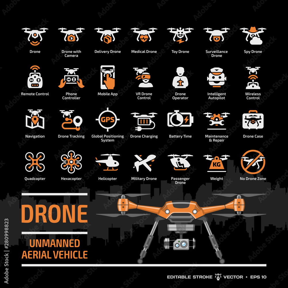 Drone unmanned aerial vehicle icon set on a black background with flat ...