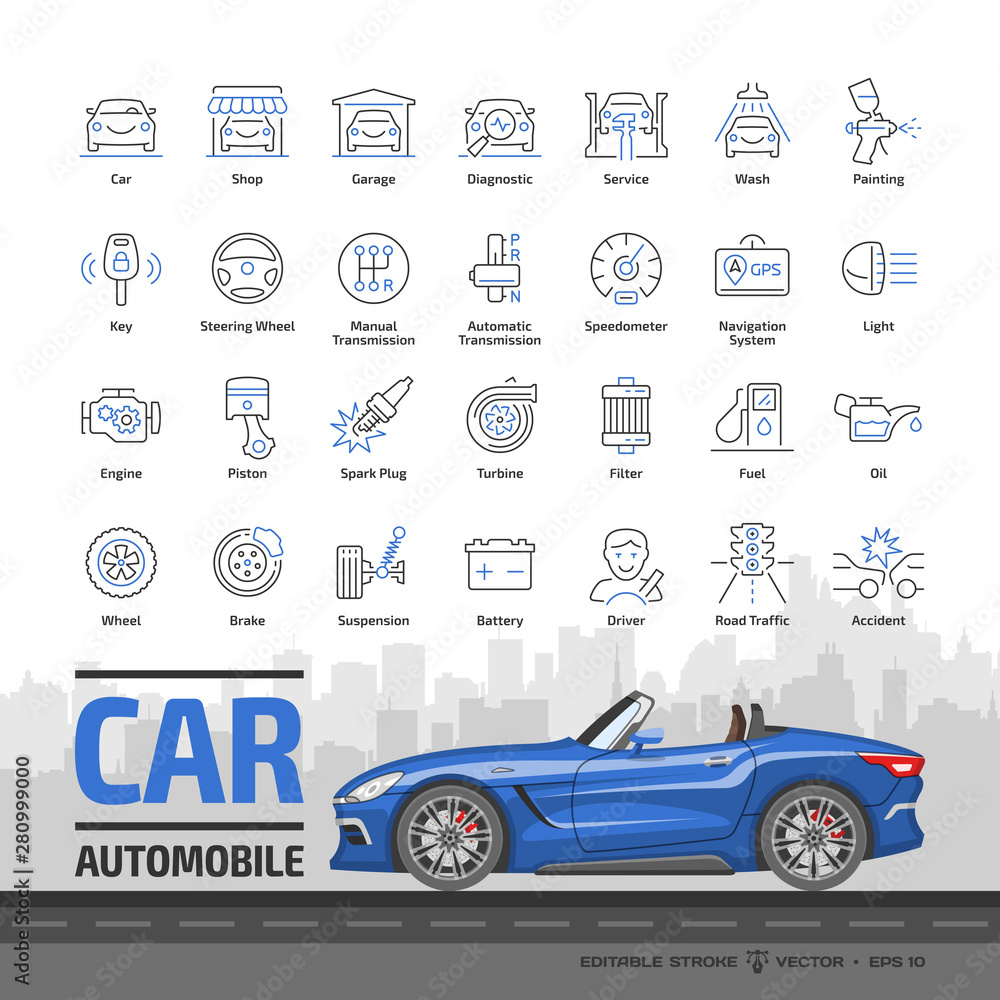Car outline icon set with blue sport roadster mockup and basic ...