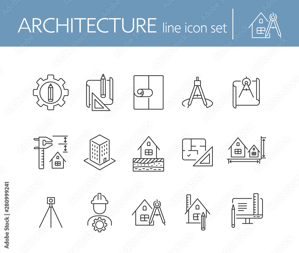 Architecture line icon set. Pencil, ruler, floor plan, building project ...