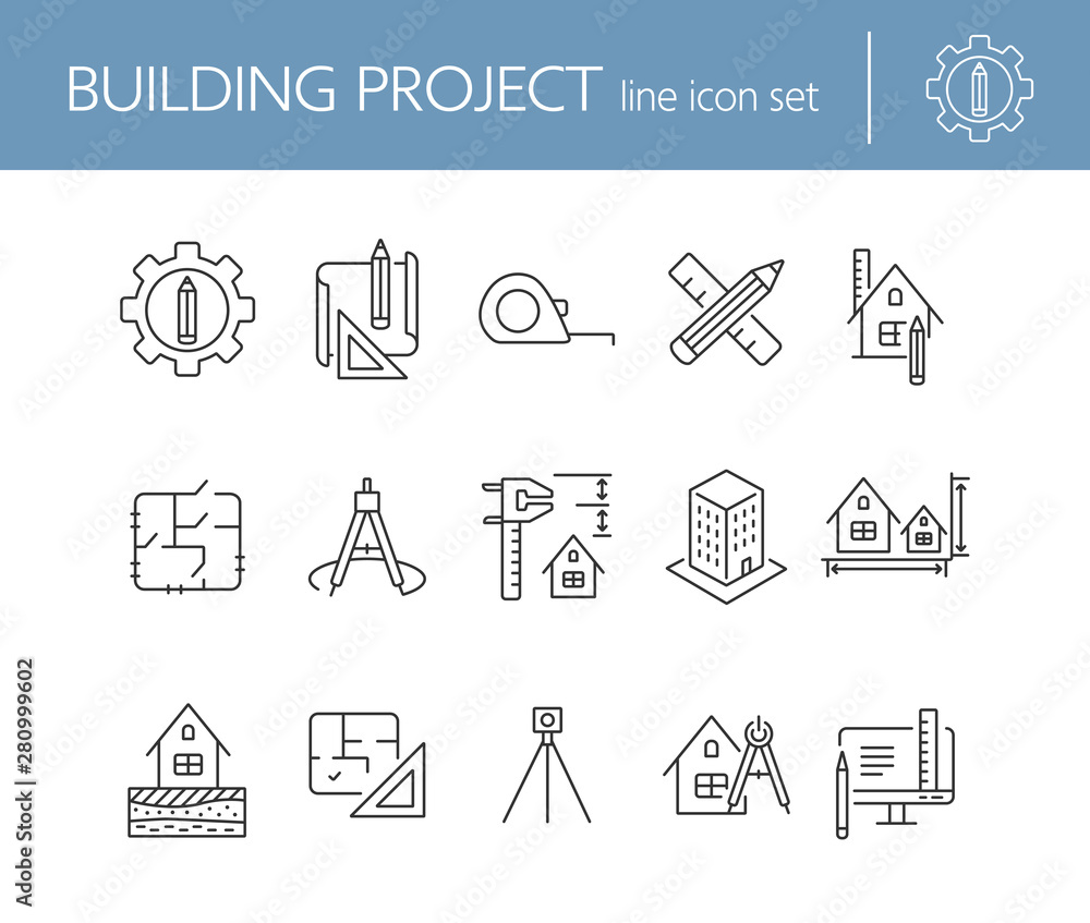 Building project line icon set. Floor plan, layout, compass, ruler ...