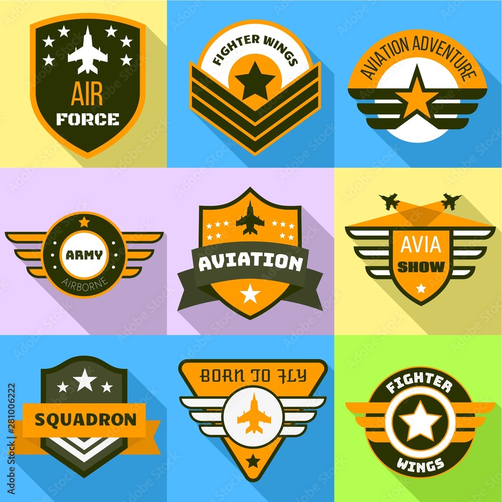 Air force logo set. Flat set of 9 air force vector logo for web design ...