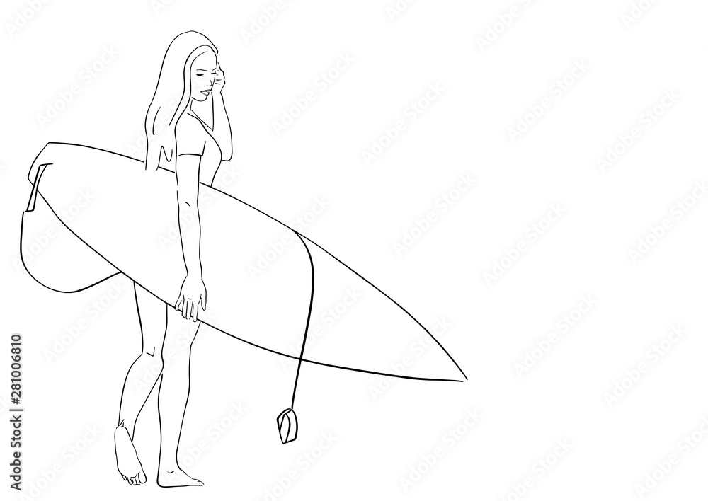 Young slim woman with bodyboard. Vector bodyboarding concept contour ...