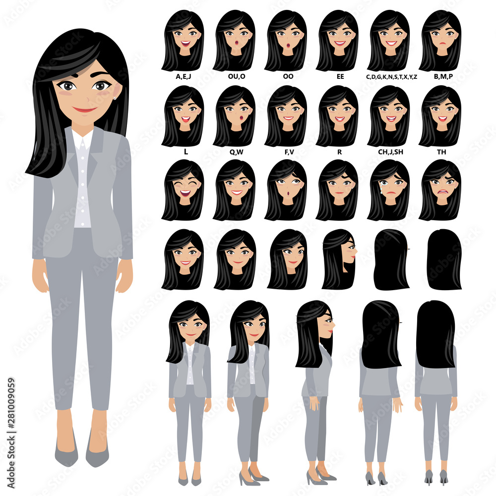 Cartoon character with business woman in suit for animation. Front ...