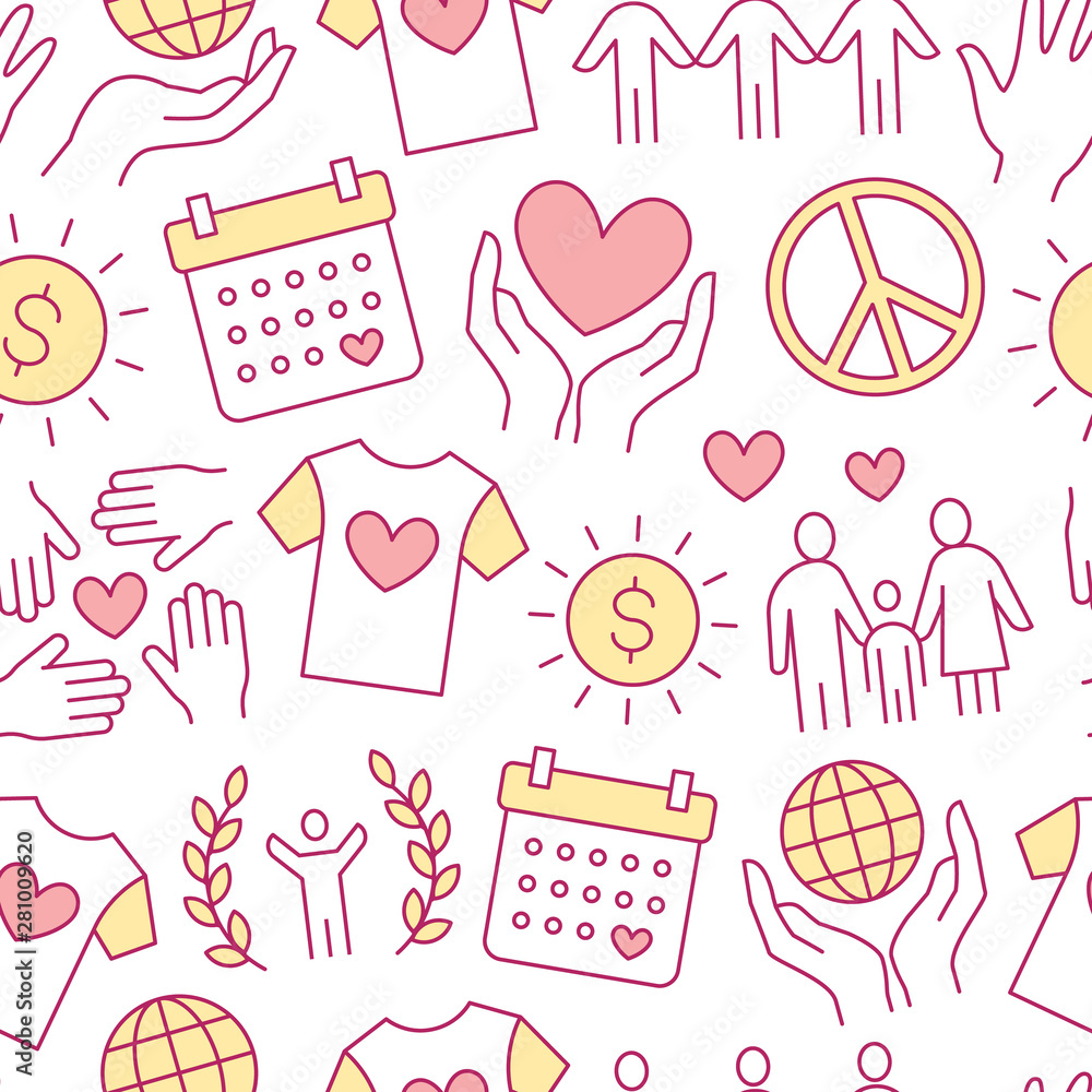 Charity vector seamless pattern with flat line icons. Donation ...