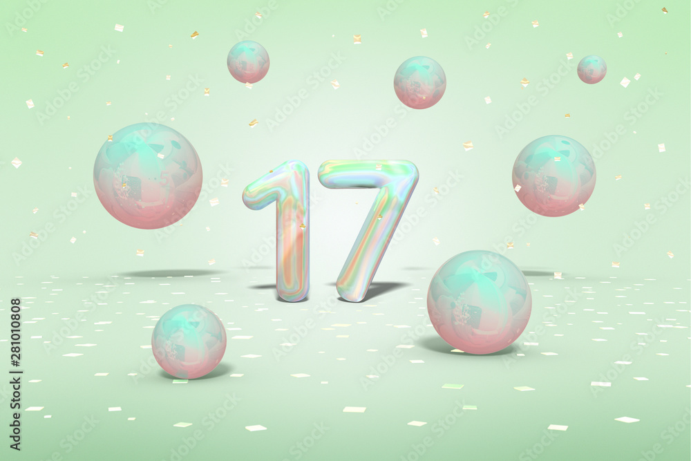 Number 17 in holographic design, flying shiny balls neon blue, pink ...