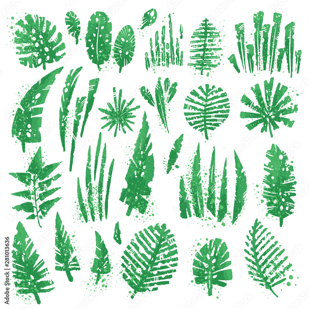 Tropical textured leaves set with expressive watercolor splashes and ...