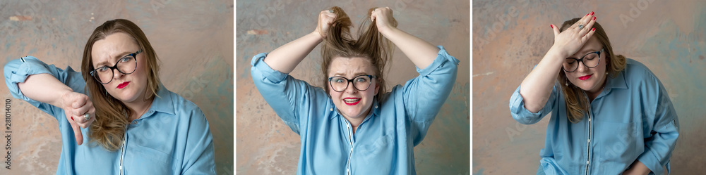 collage Portrait of attractive plus size woman having anger emotions ...