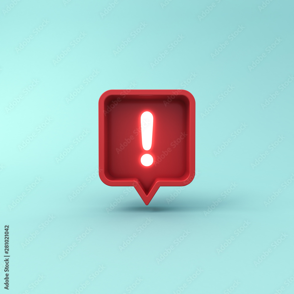 3d social media notification neon light Exclamation mark icon in red ...