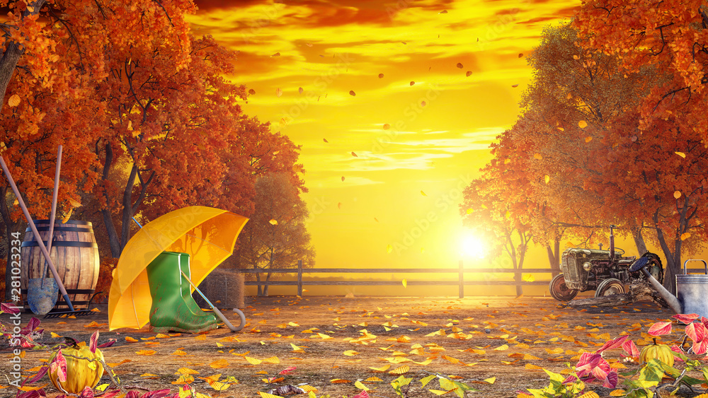 Autumn colorful background at sunset 3D Rendering Stock Photo | Adobe Stock