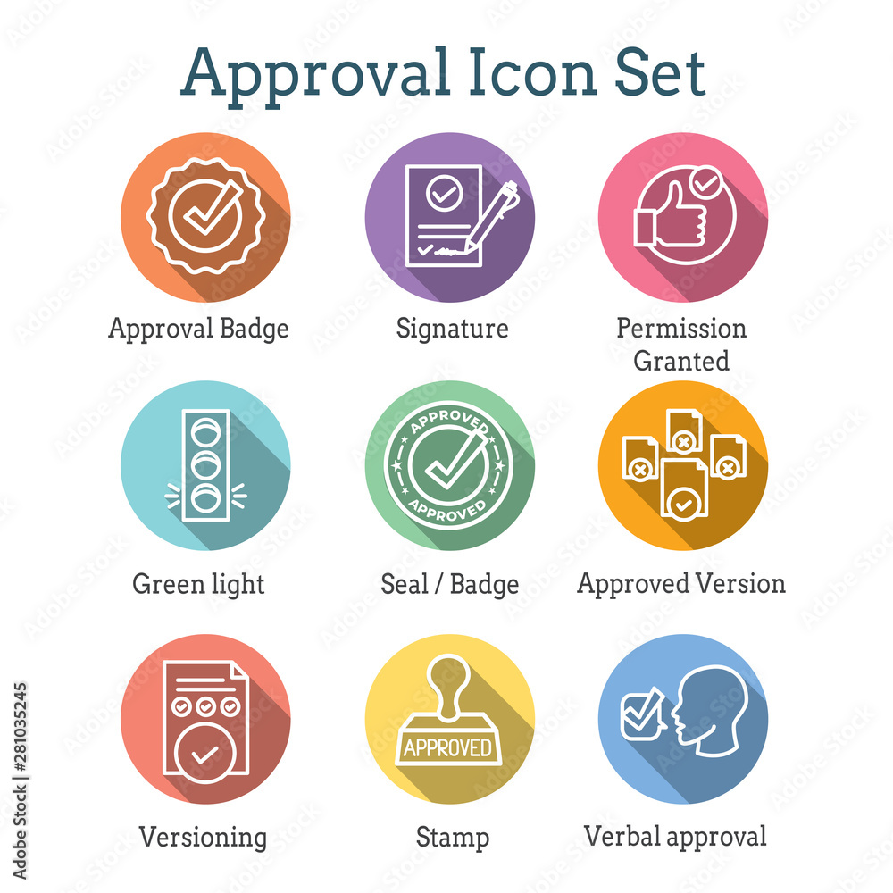 Approval and Signature Icon Set with Stamp & version icons Stock Vector ...