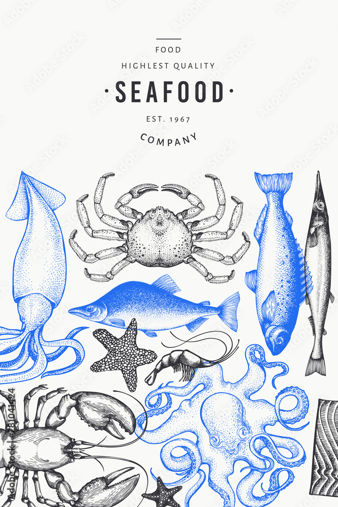 Seafood and fish design template. Hand drawn vector illustration. Food ...