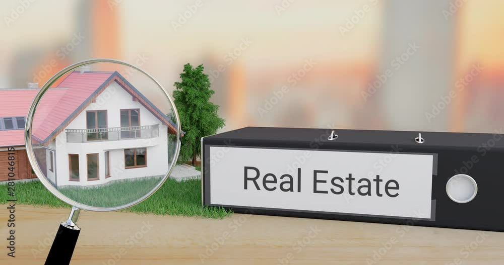 Real estate. File folder, model of a house, tree and grass move in the ...
