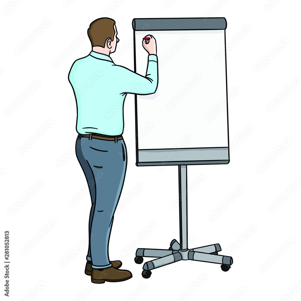Businessman writing a white paper or presentation to a Flip Chart ...
