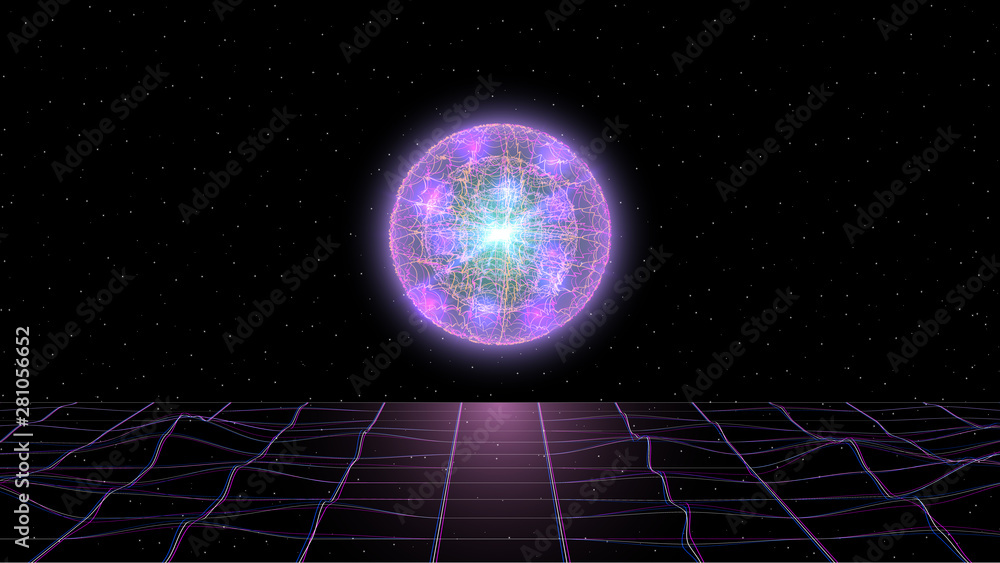 Retrowave synthwave vaporwave landscape in space with laser grid and ...