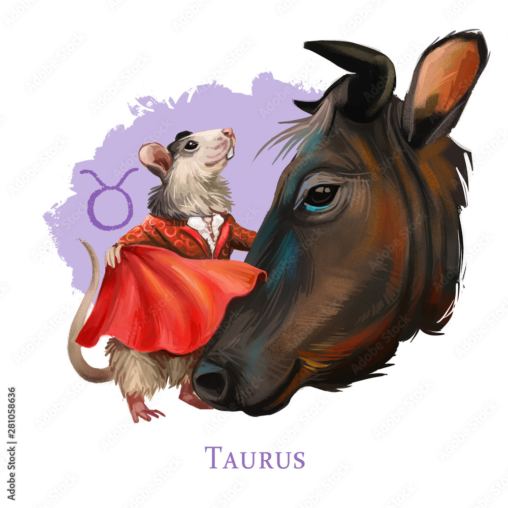 Taurus creative digital illustration of astrological sign. Rat or mouse ...