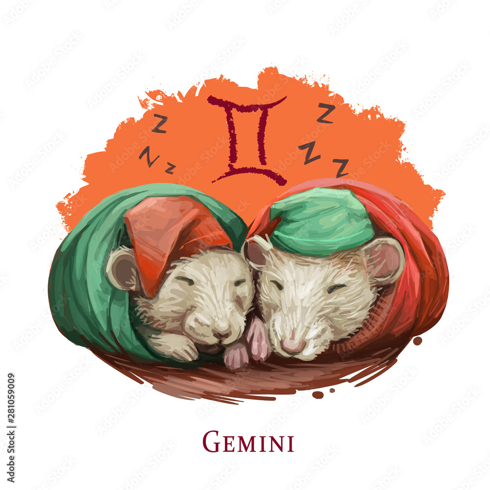 Gemini creative digital illustration of astrological sign. Rat or mouse ...