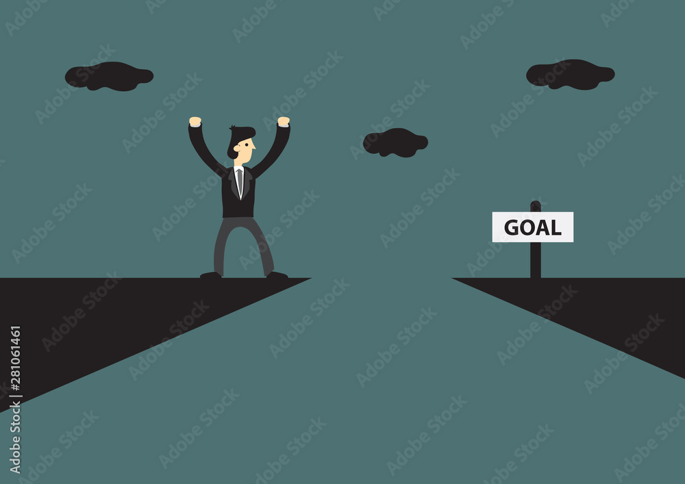 Cartoon Businessman and His Goal Separated by Mountain Cliff Vector ...