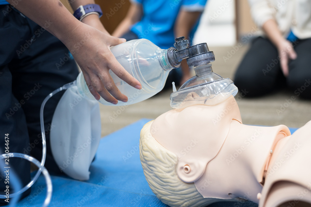 Demonstrating CPR (Cardiopulmonary resuscitation) training medical ...