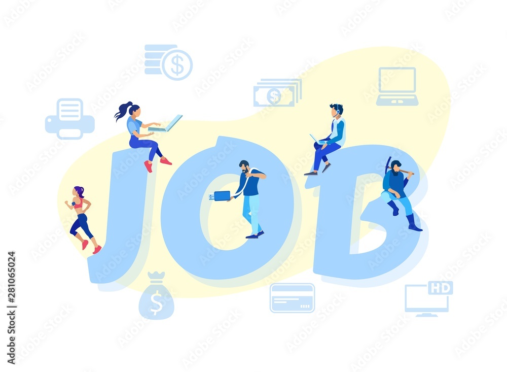 Cartoon People Working on Huge Word Job Letters Stock Vector | Adobe Stock