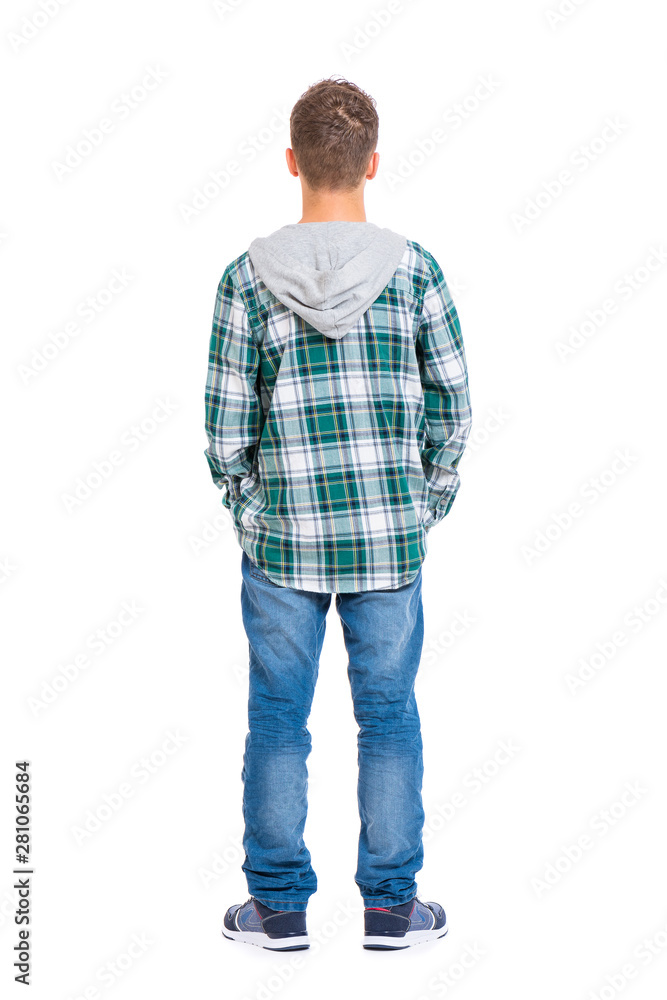 Full length portrait of young caucasian teen boy - rear view, isolated ...