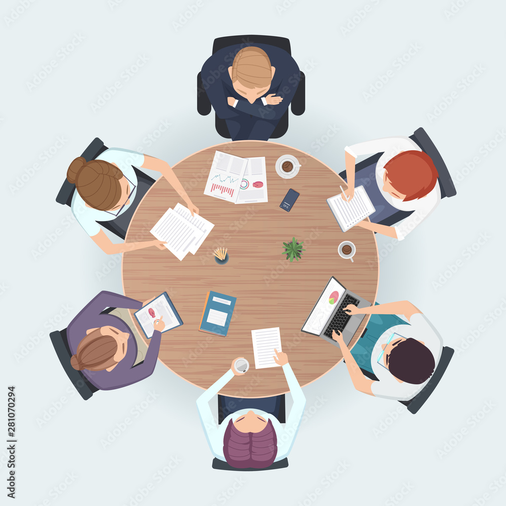 Round table top view. Business people sitting meeting corporate ...