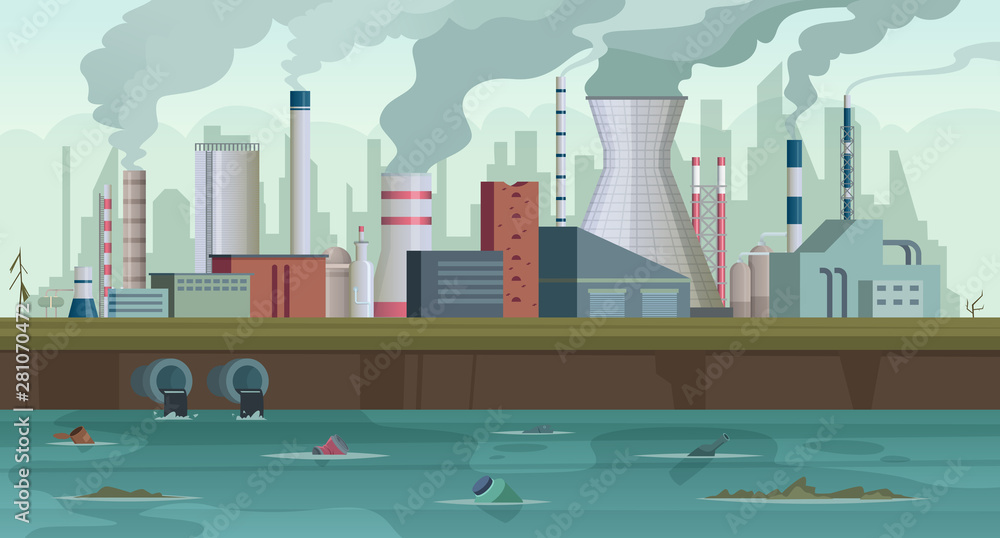 Dirty factory. Trash and smoke from urban factory production river ...