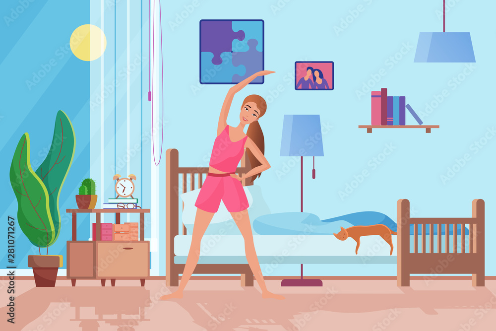 Morning exercises flat vector illustration. Healthy lifestyle, woman ...