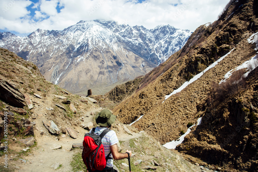 Hiker with traditional papakha fur hat at Mtskheta-Mtianeti region in ...