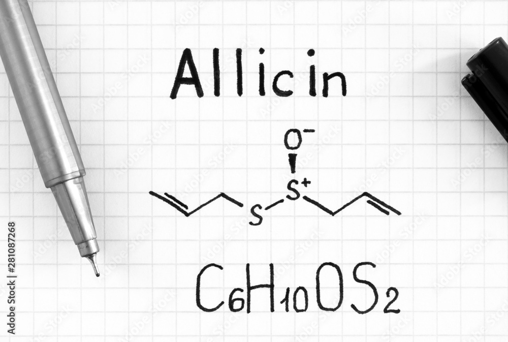 Chemical formula of Allicin with black pen. Stock Photo | Adobe Stock