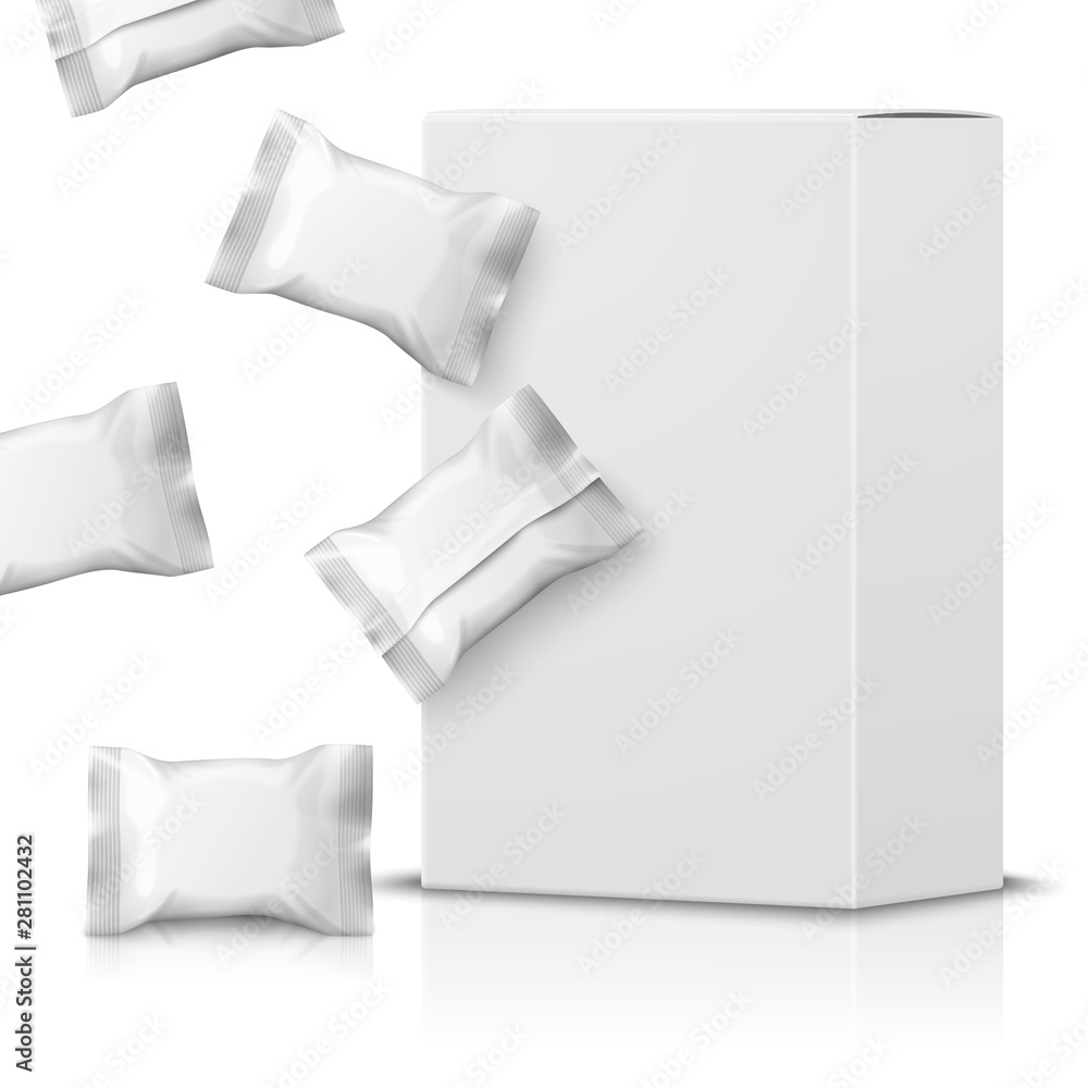 Vector realistic 3d white paper box with falling candies isolated on ...
