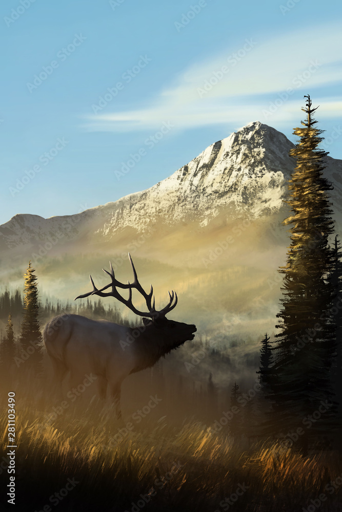 Elk standing in grassy field Stock Photo | Adobe Stock